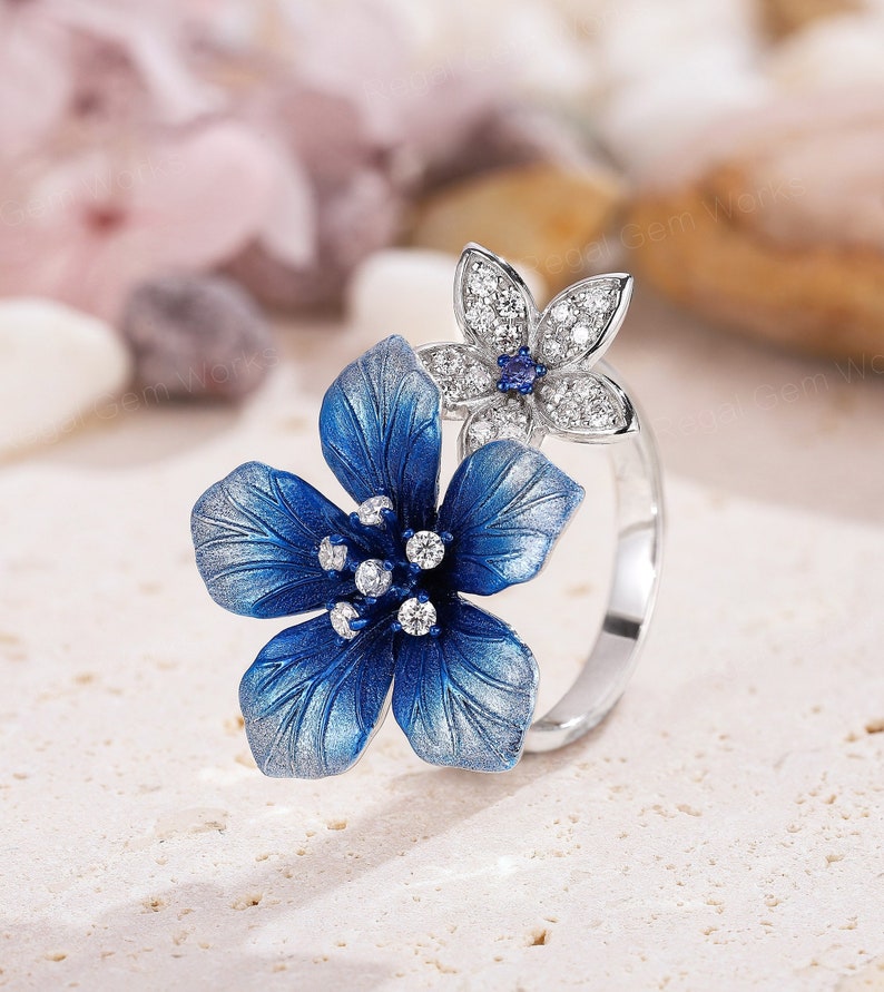 Handmade Gradient Blue Gold Moissanite Ring Vintage Blue Flower Diamond ...