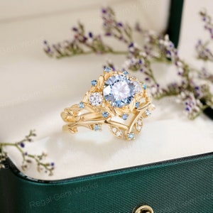 Dainty Blue Moissanite Engagement Ring Set Nature Inspired Sapphire ...