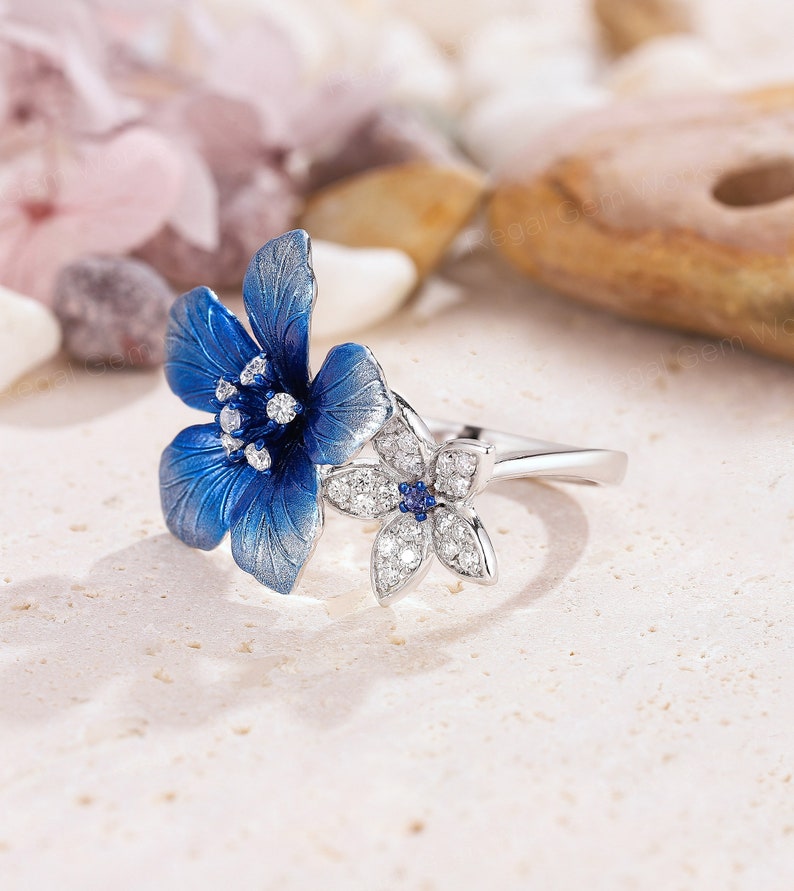 Handmade Gradient Blue Gold Moissanite Ring Vintage Blue Flower Diamond ...