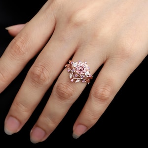 Rose Gold Pink Sapphire Flower Engagement Ring Set Dainty Moissanite ...