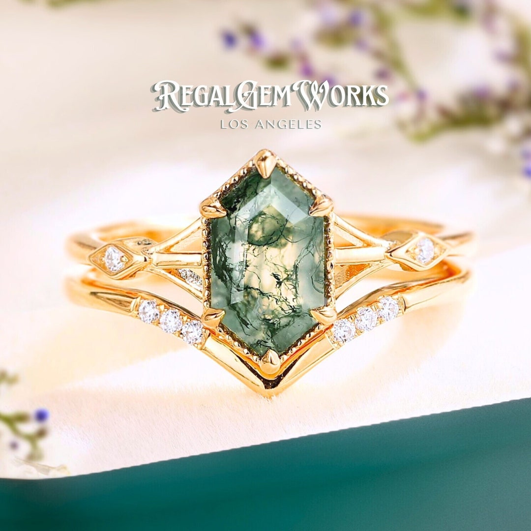 14K Gold Split Shank Moss Agate Ring Set, Elongated Hexagon Cut ...