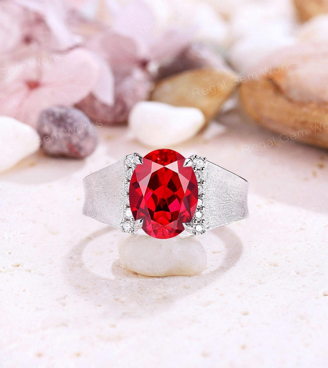 Vintage Oval Cut Ruby Engagement Ring White Gold Solitaire Wedding Ring ...
