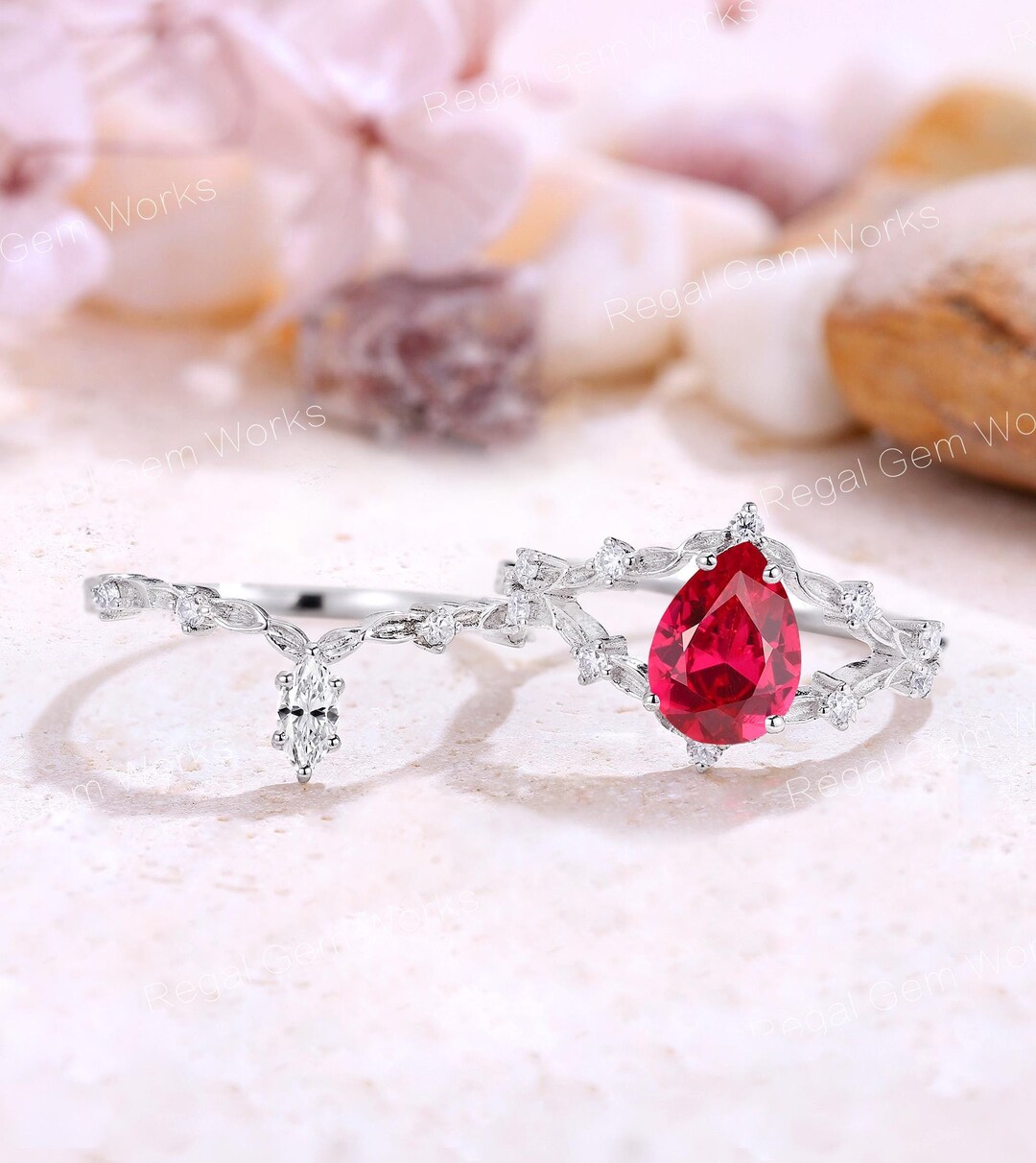 2PCS Pear Ruby Flower Engagement Ring Set 14k White Gold Diamond Stackable Wedding Band Nature ...
