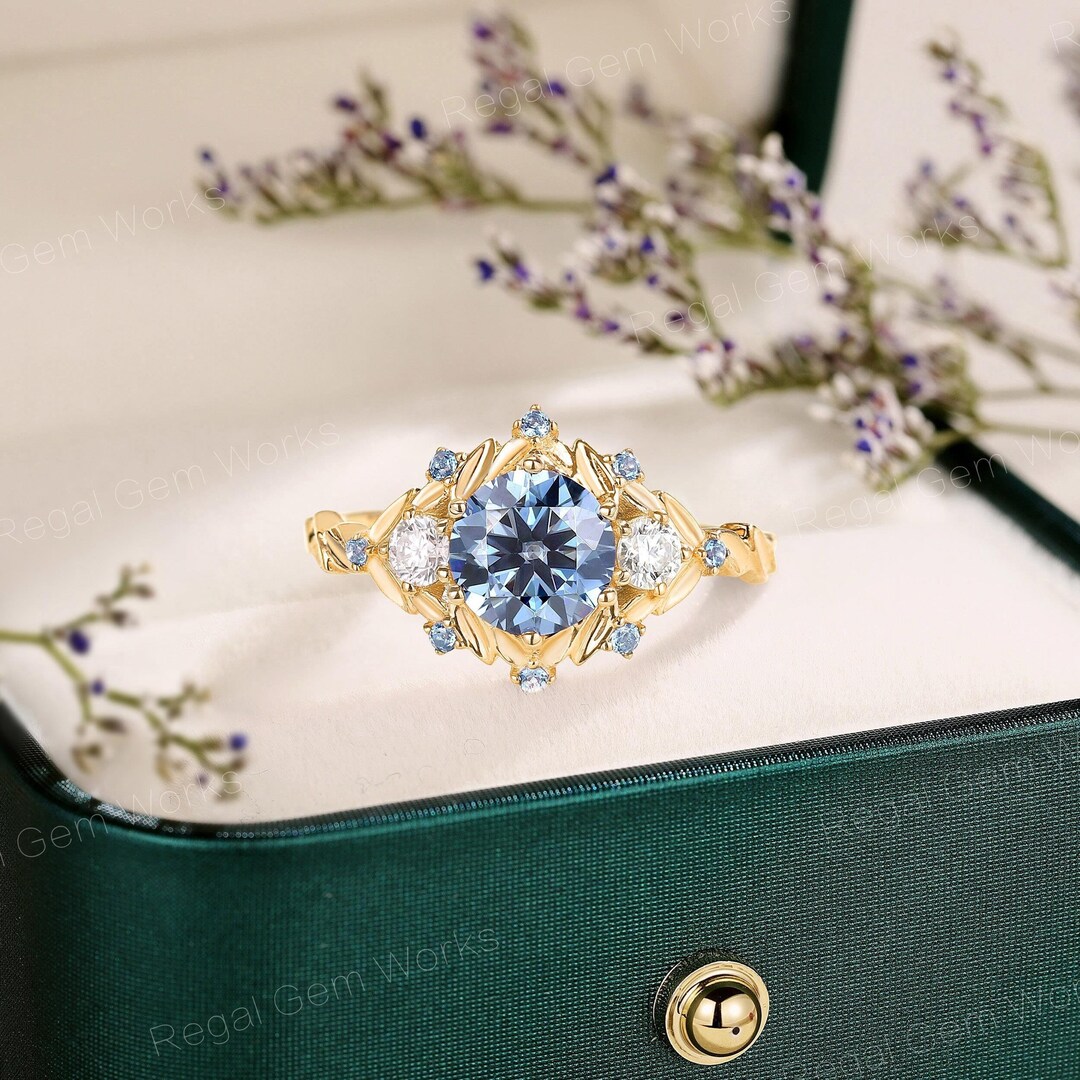 Unique Blue Moissanite Wedding Ring Nature Inspired Swiss Blue Topaz ...