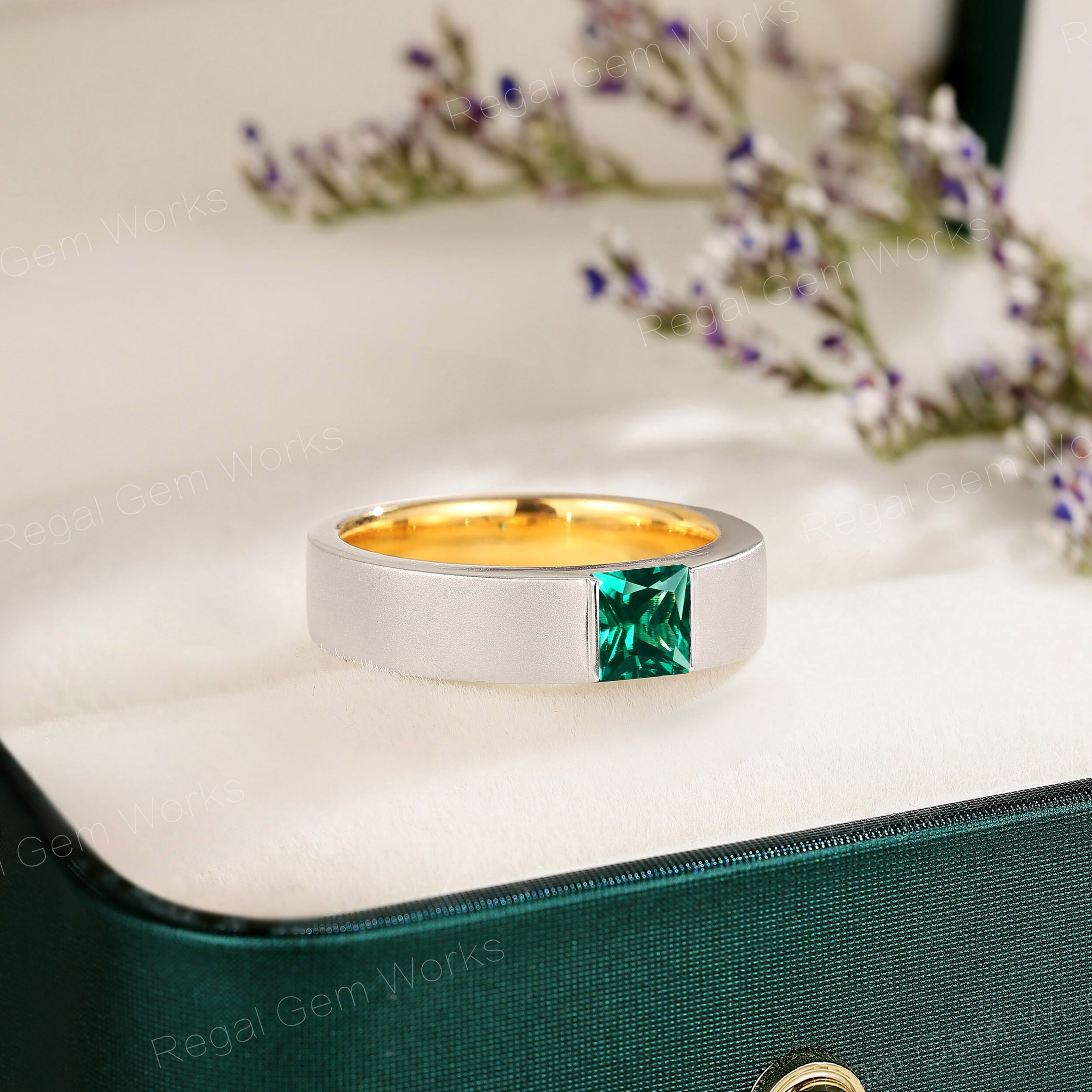 Mens Green Emerald Wedding Band 5mm Princess Cut Emerald Mens Wedding Band Unique Design Frosted