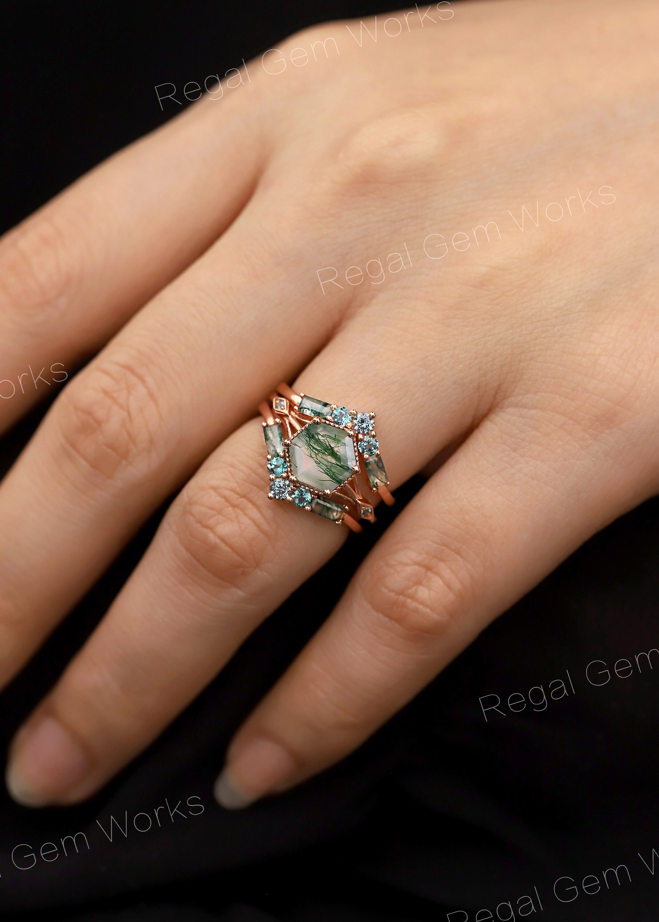 Antique Moss Agate Stackable Engagement Ring Set Nature Inspired Unique 14K Rose Gold Grenn Gem ...