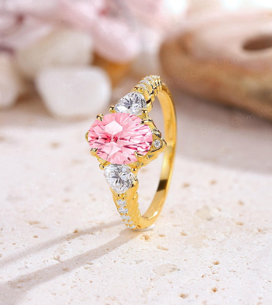 Firework Cut Peach Sapphire Flower Engagement Ring 14K Solid Gold ...