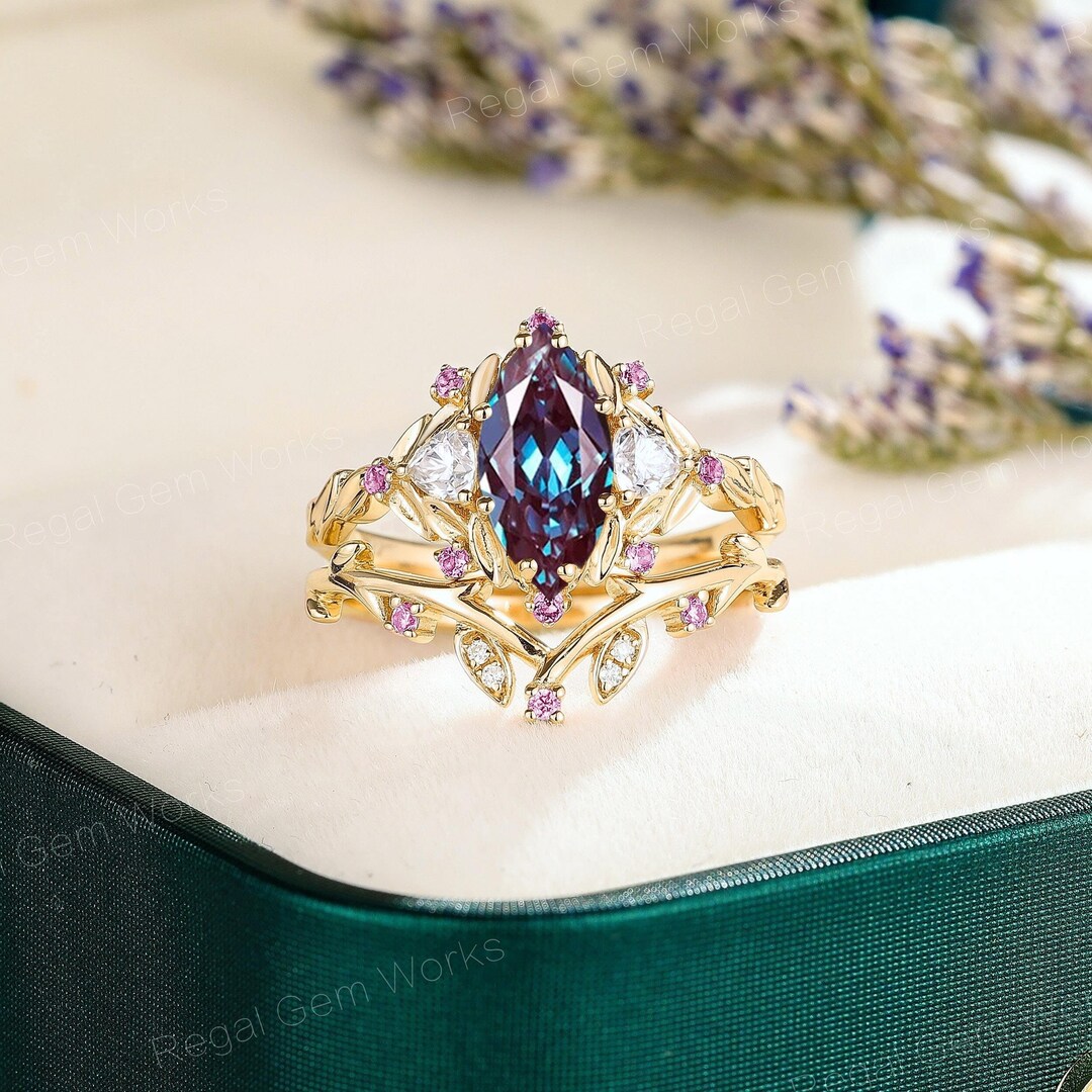 Marquise Cut Alexandrite Engagement Ring Set Dainty Alexandrite Wedding ...