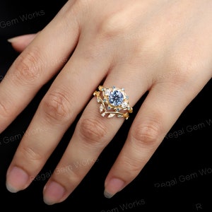Dainty Blue Moissanite Engagement Ring Set Nature Inspired Sapphire ...