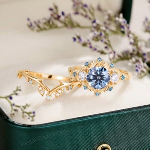 Dainty Blue Moissanite Engagement Ring Set Nature Inspired Sapphire ...