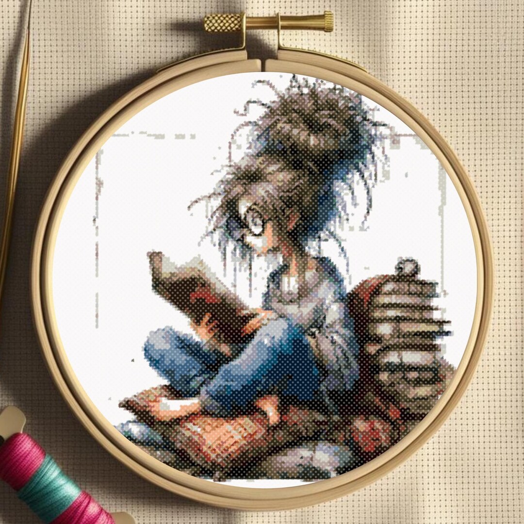 Cross Stitch Pattern | Girl Reading a Book, Cozy Reading Embroidery ...