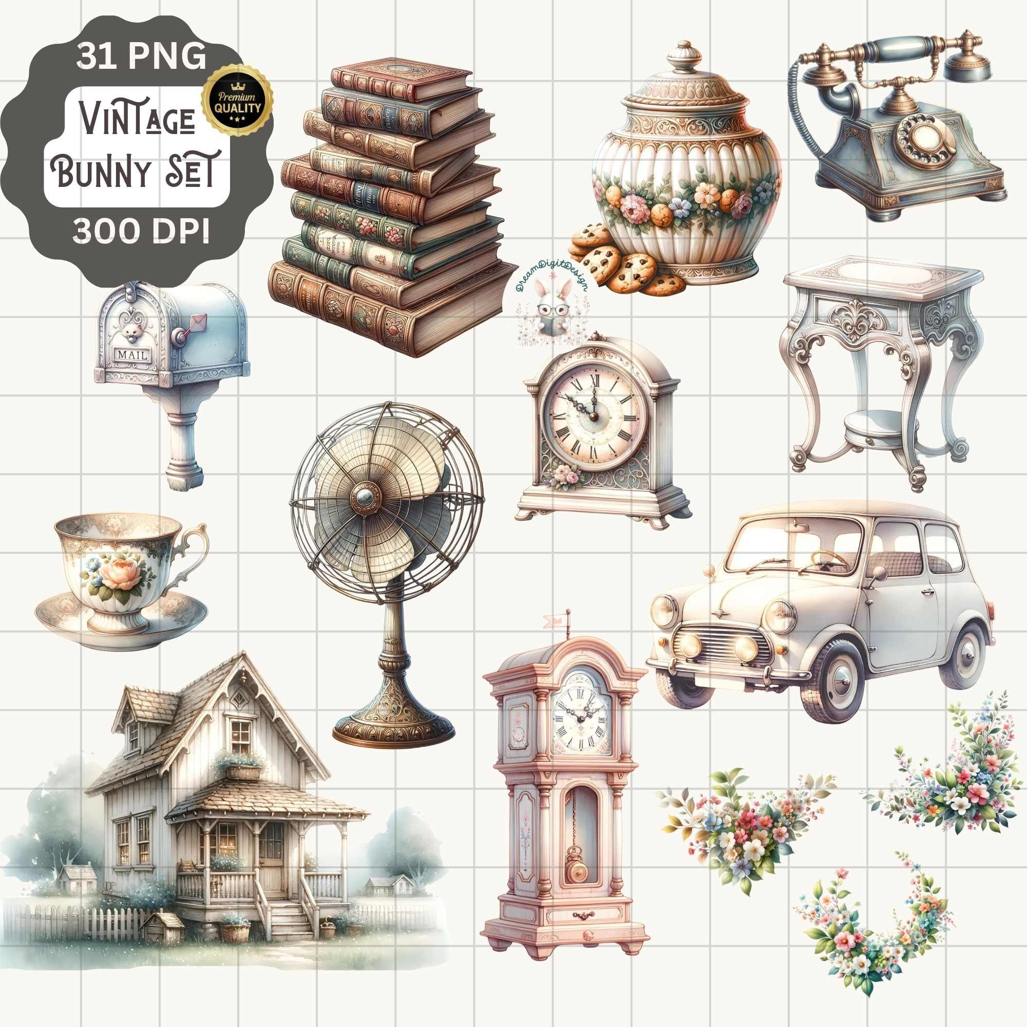 Vintage Bunny Clipart Bunny Watercolor Clipart, Playful Bunny, Vintage ...