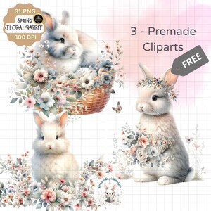 Spring Floral Rabbit| Rabbit PNG, Watercolor Clipart, Watercolor Bunny ...