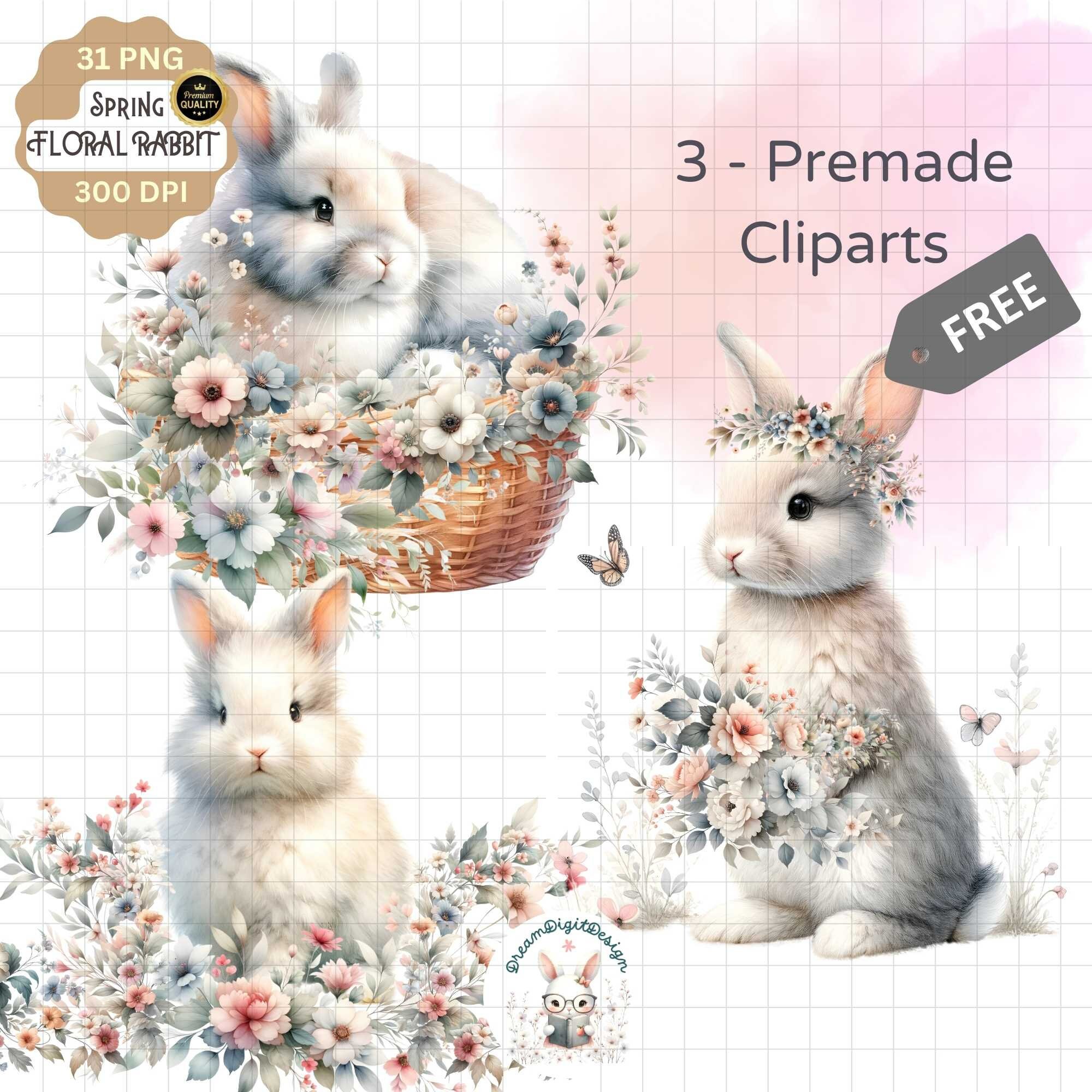 Spring Floral Rabbit| Rabbit PNG, Watercolor Clipart, Watercolor Bunny ...