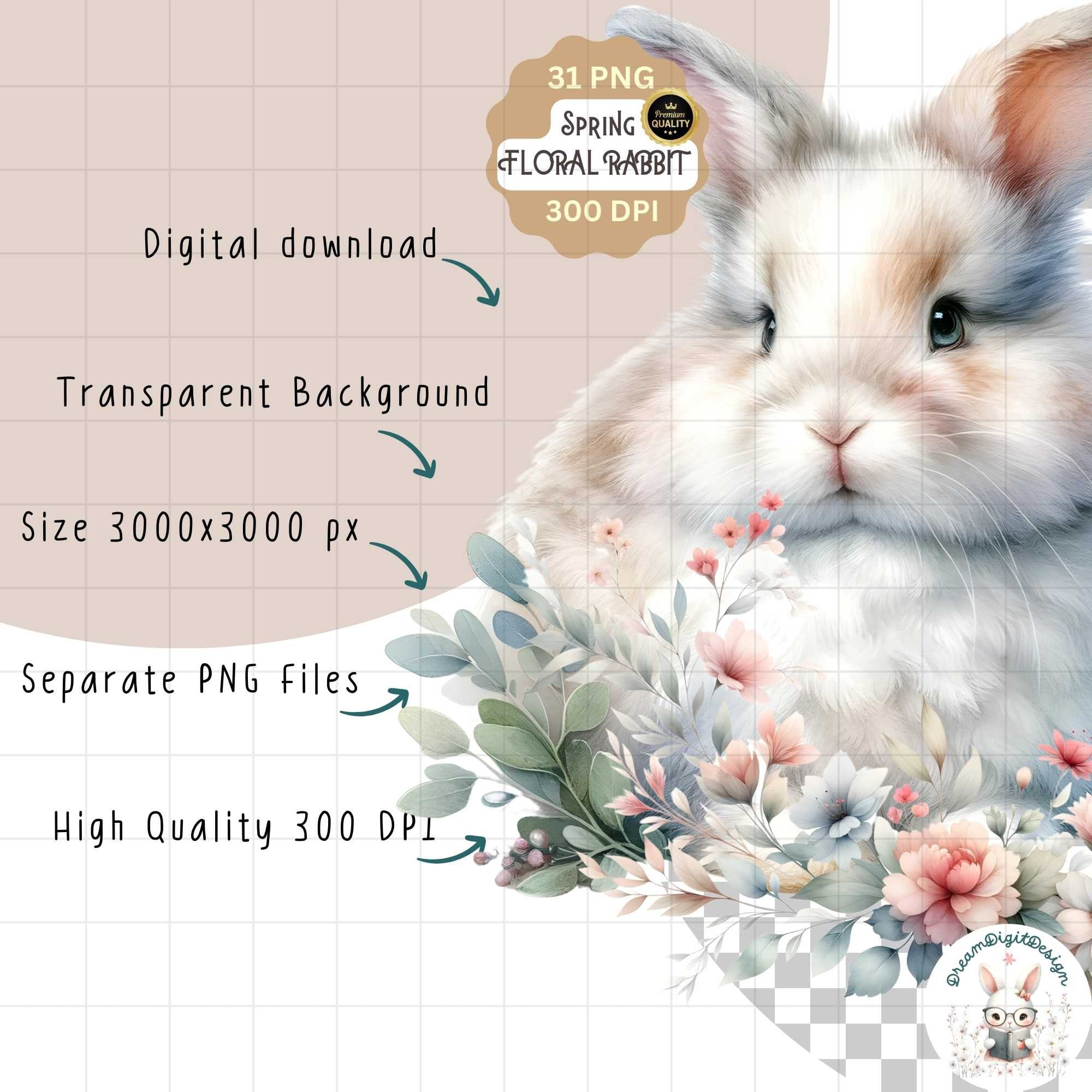 Spring Floral Rabbit| Rabbit PNG, Watercolor Clipart, Watercolor Bunny ...