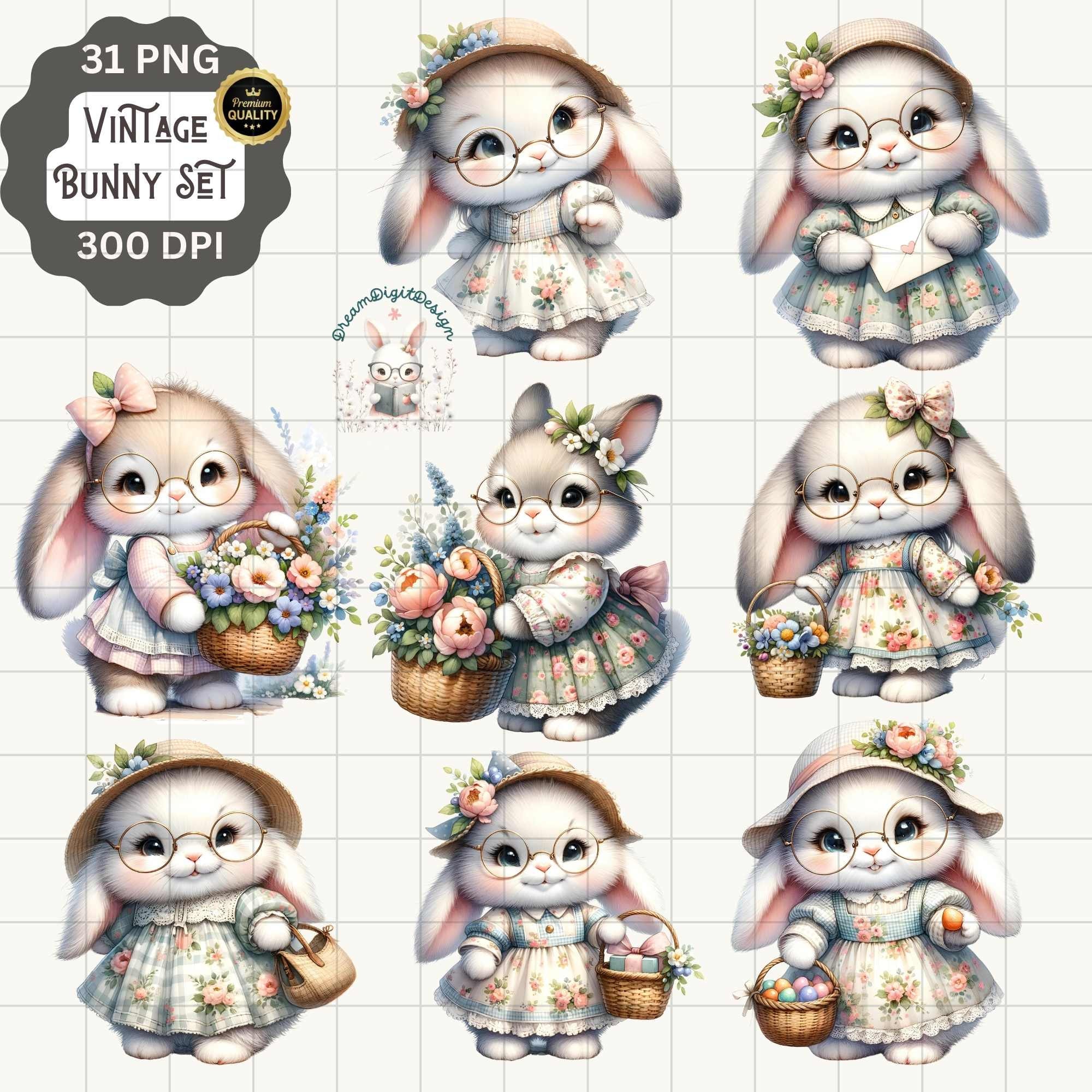 Vintage Bunny Clipart Bunny Watercolor Clipart, Playful Bunny, Vintage ...