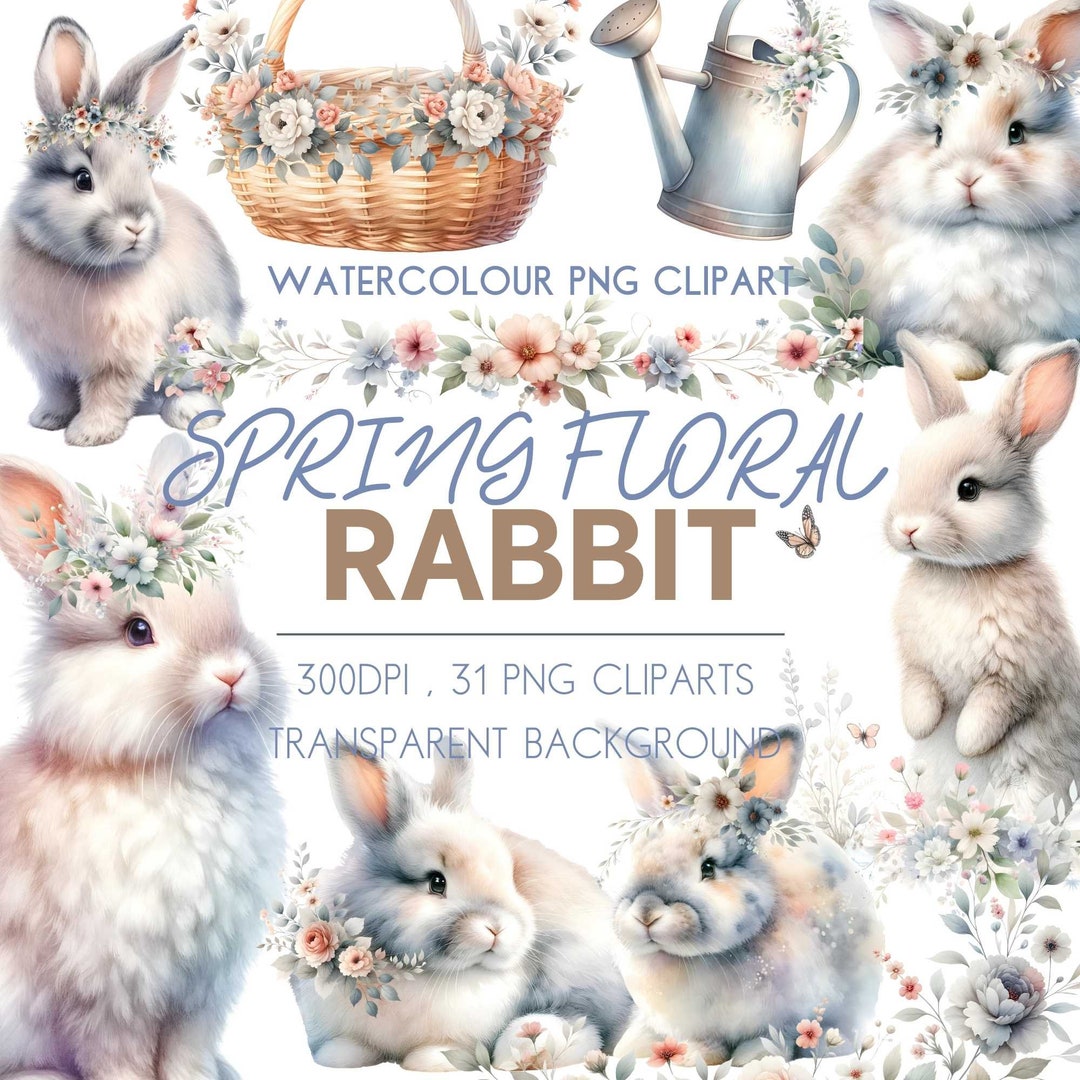 Spring Floral Rabbit| Rabbit PNG, Watercolor Clipart, Watercolor Bunny ...