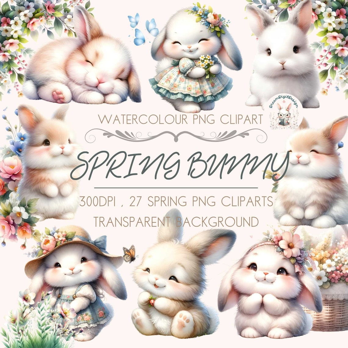 Spring Bunny Clipart | Bunny PNG, Pastel Watercolor Clipart, Playful ...