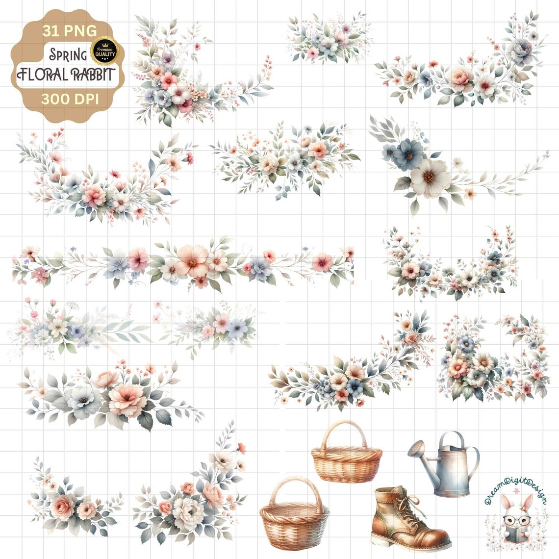 Spring Floral Rabbit| Rabbit PNG, Watercolor Clipart, Watercolor Bunny ...