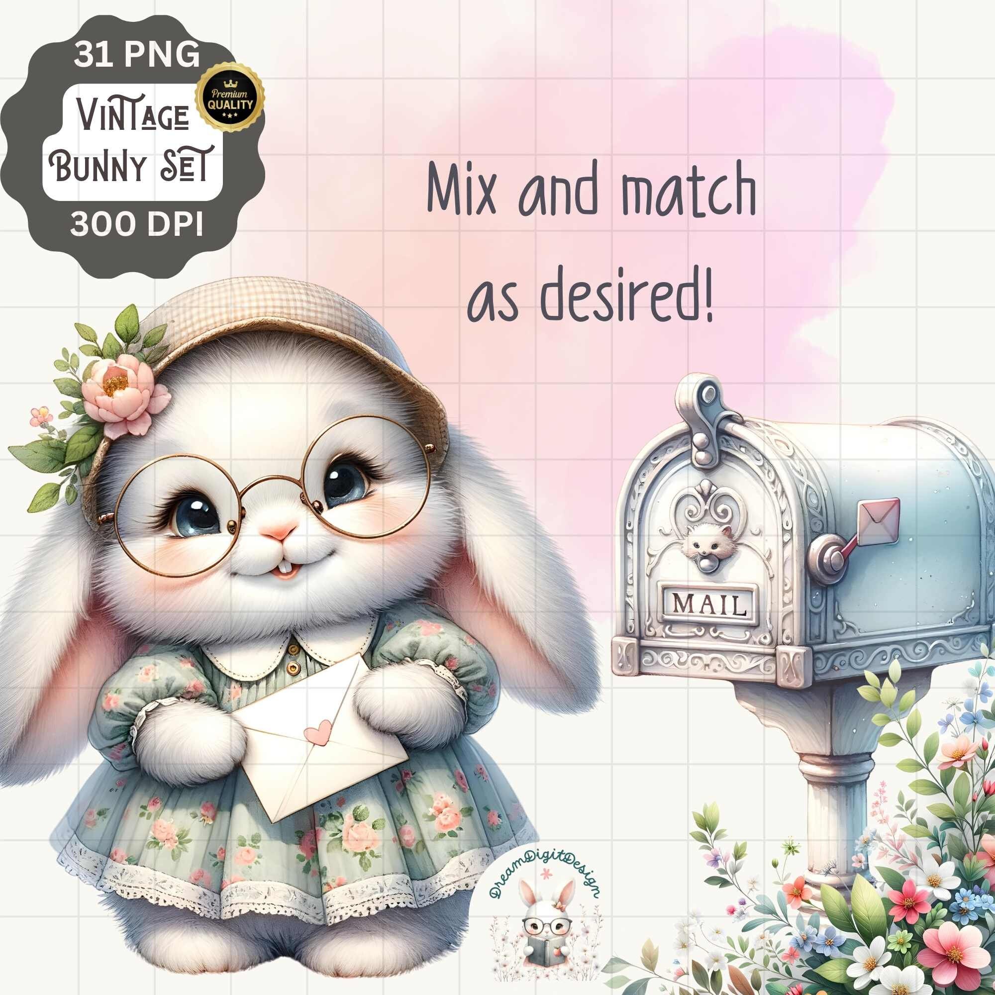 Vintage Bunny Clipart Bunny Watercolor Clipart, Playful Bunny, Vintage ...