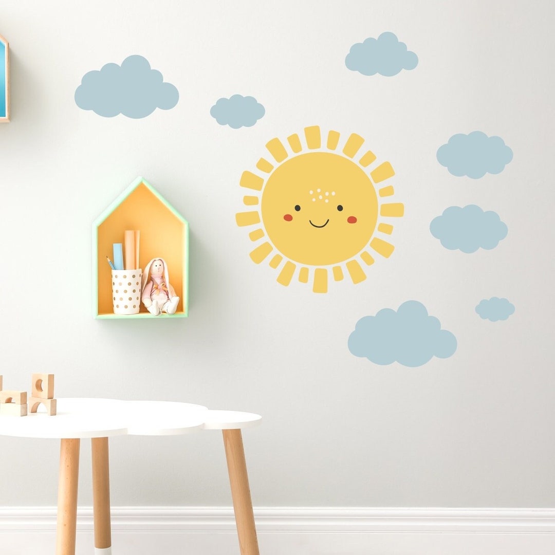 Sun and Clouds Sticker, Sun Wall Sticker, Sun Smile, Removable ...