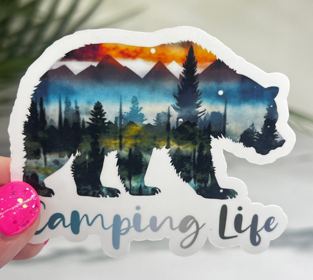 Camping Life Bear Mountain Watercolor Sparkly Sticker Adventure Sticker ...