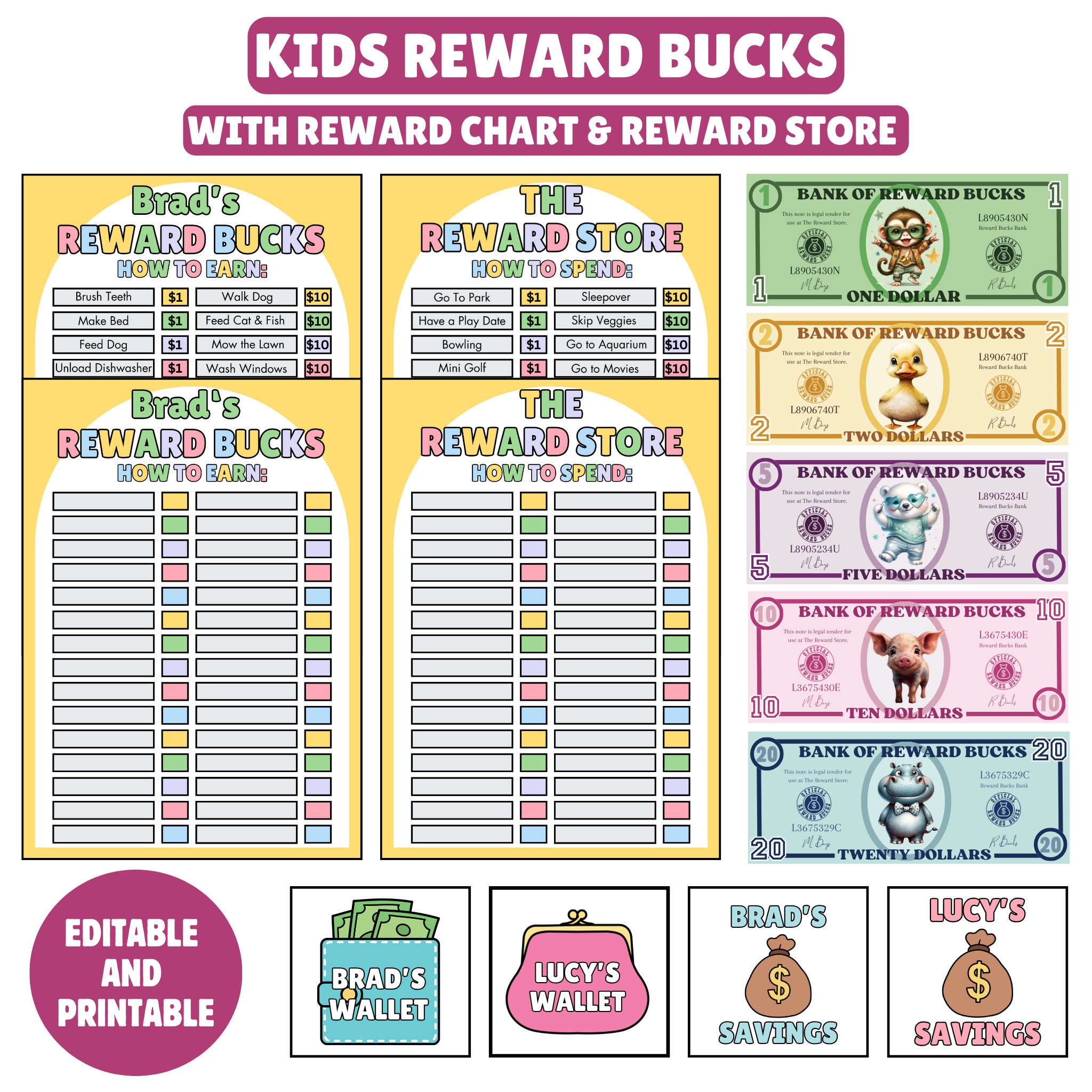 Kids Reward Bucks, Editable Kids Reward Bucks, Printable, Mum Bucks ...
