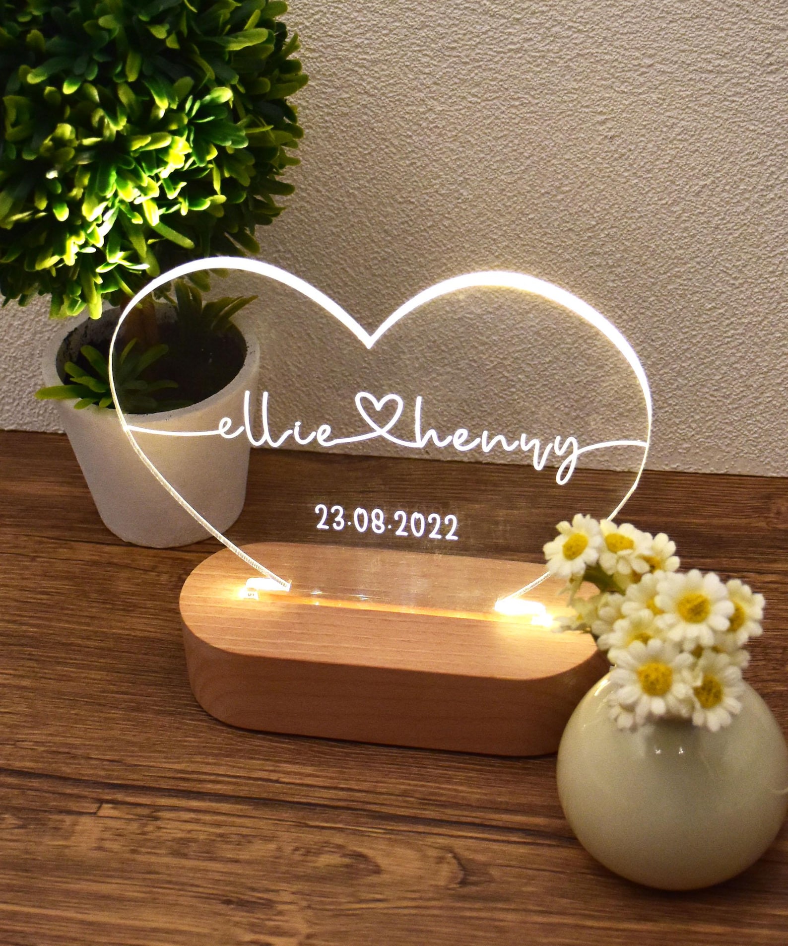 Heart-shape 3D LED Night Light With Two Names Date, Wedding Desk Lamp ...