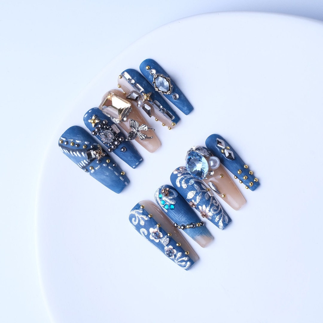 Dark Blue Cowboy Butterfly Rivets With Diamonds Nails, Sparkly Diamonds ...