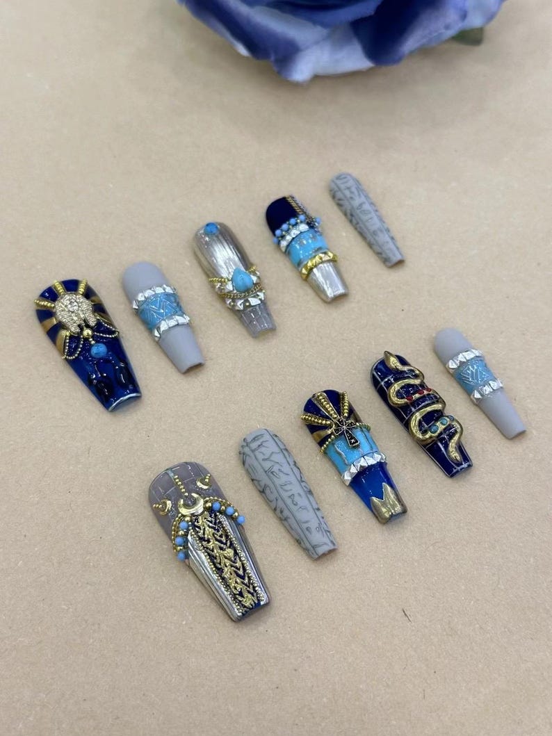 Egyptian Style Diamonds Nails, Sparkly Diamonds Nails, Blue Bling Nails ...
