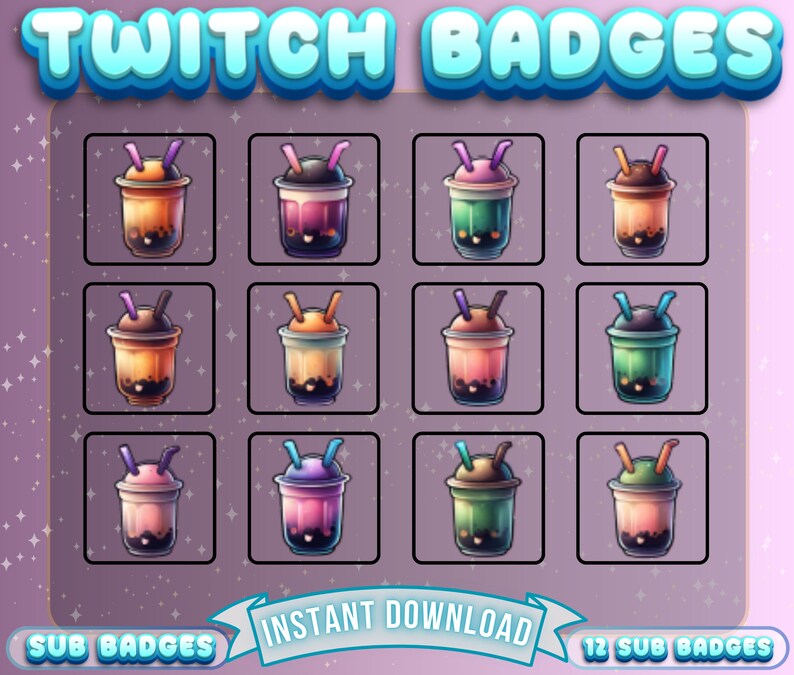 12 Twitch Sub Badges Twitch Tier Badge Boba Drink Badges Cute Sub ...