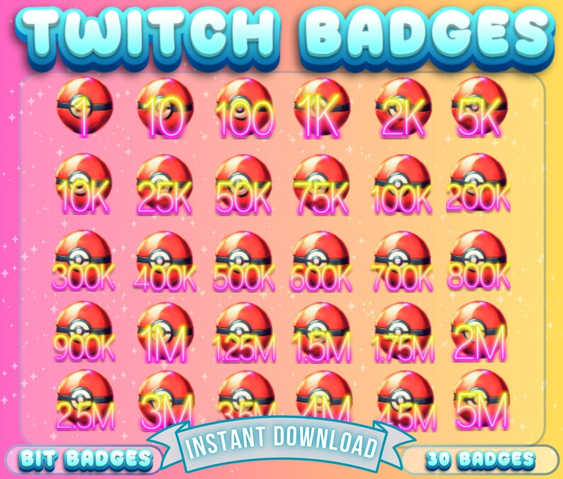 30 X Poke Ball Twitch Bit Badges Twitch Tier Badge Neon Bit Badges ...