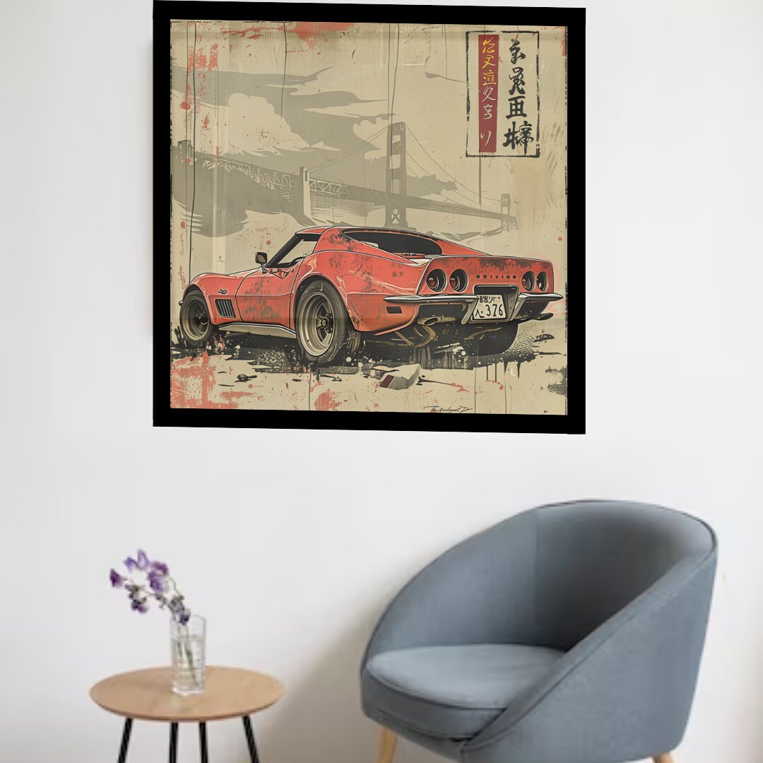 Red Vintage Car in Japanese Art Style, Car Wall Art, Japanese Poster ...