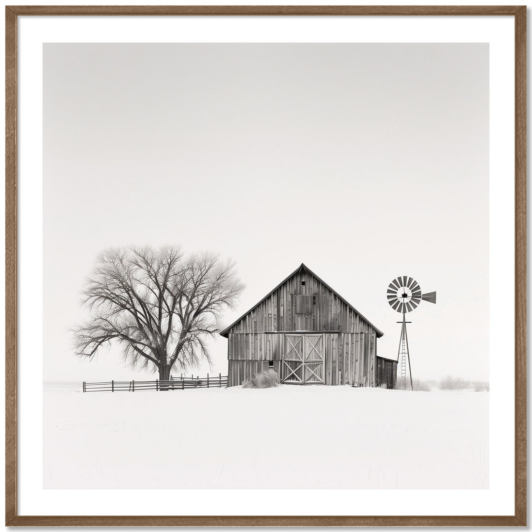 North Dakota Winter Barn & Windmill | Monochromatic Minimalist Snow ...