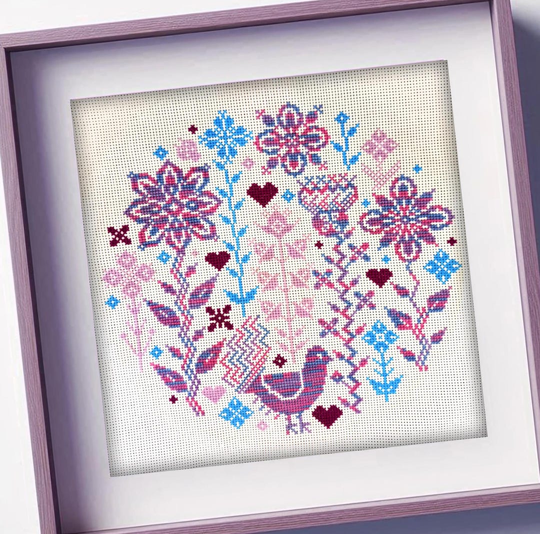 Flowers and a Bird in a Circle Cross Stitch Pattern Instant Download ...