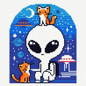 Alien and Cats Cross Stitch Pattern: Whimsical Space Embroidery (PDF ...