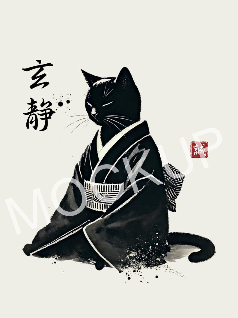 Zen Cat Wall Art - Gensei Profound Stillness Japanese Ink Painting ...
