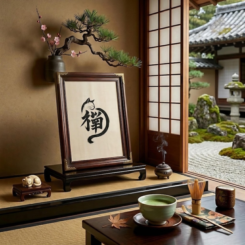 Zen Cat Calligraphy Print | Japanese Sumi-e Ink Art, Japandi Wall Decor ...