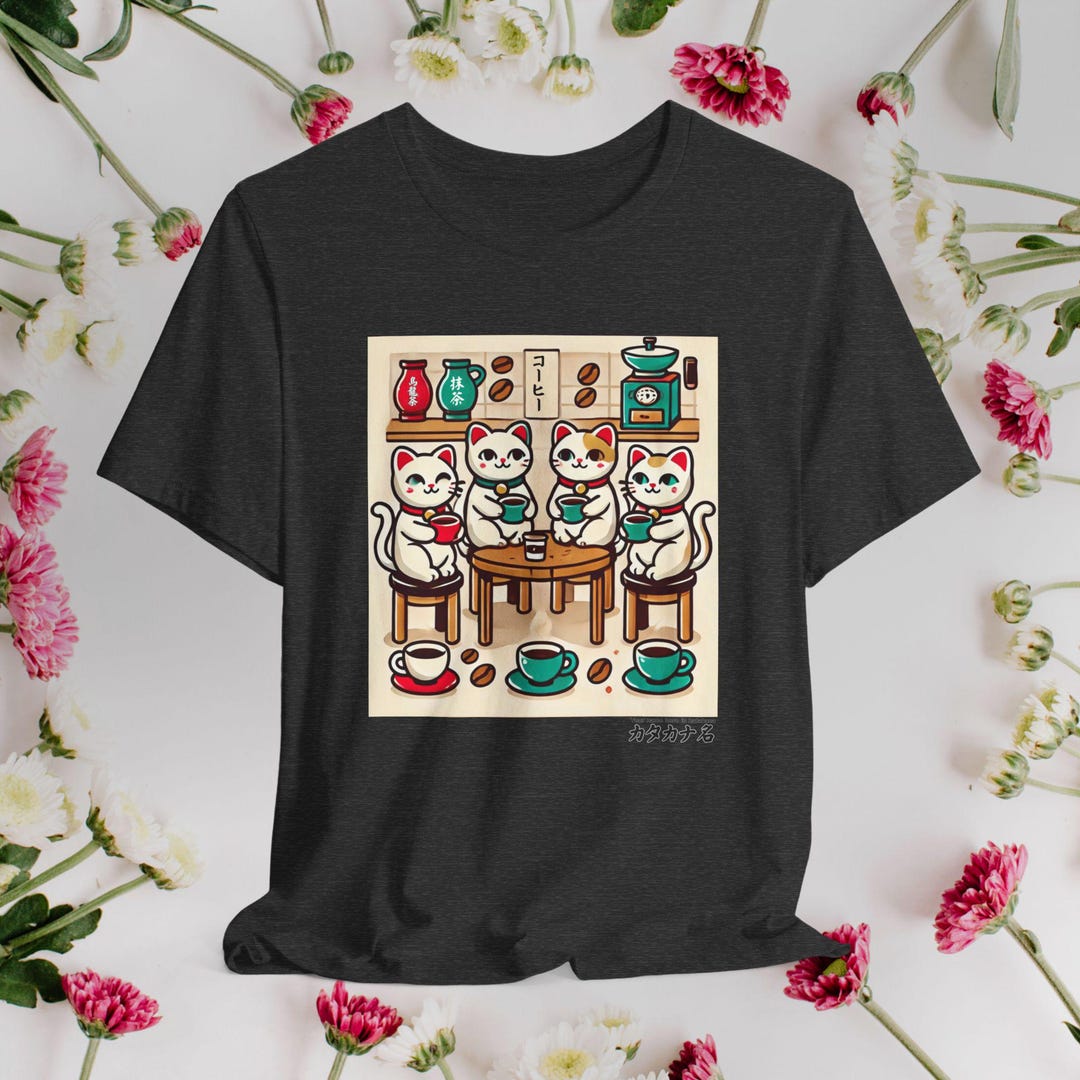 Maneki Neko Katakana Tee - Matcha Coffee Cat T- Shirt, Haiku ...