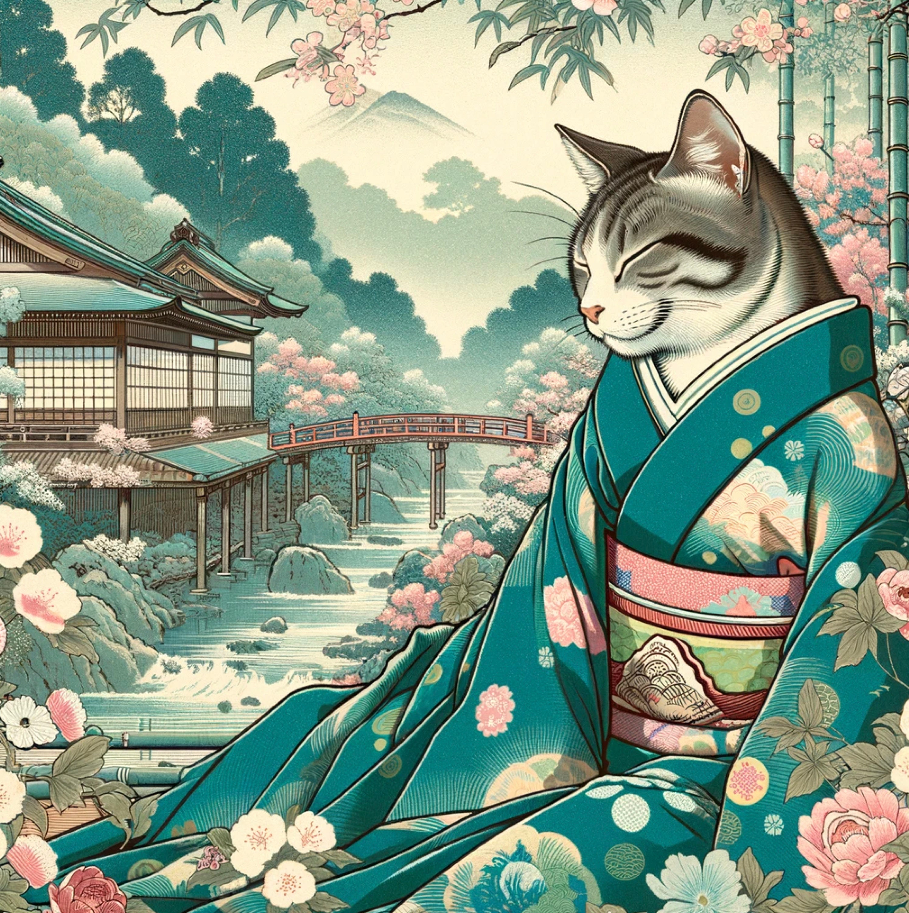 4 Sticker Sheet Cute Kimono Cats, Sakura Cat Yawning, Cute Cat, Sleepy ...