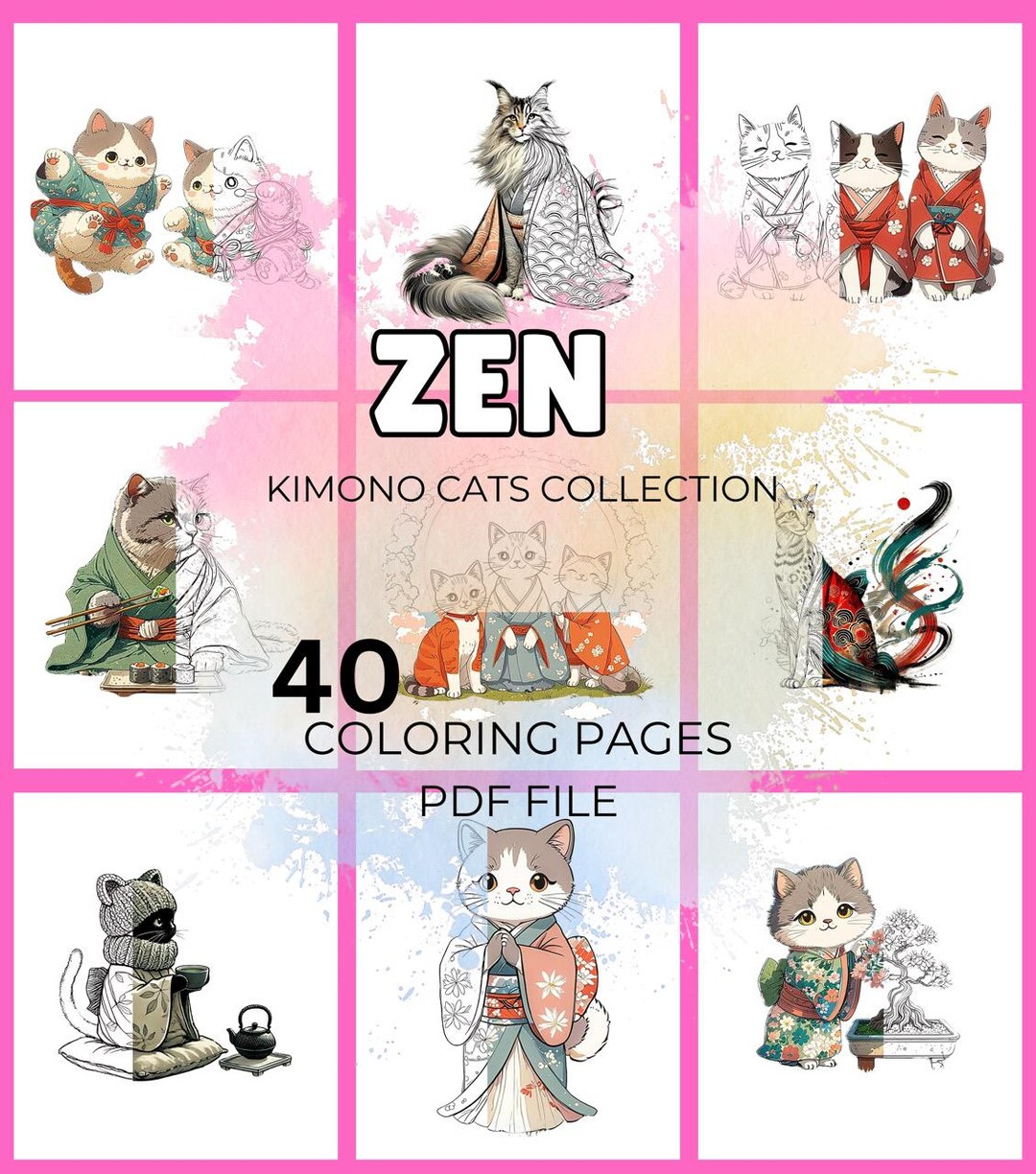 40 Zen Kimono Cats Coloring Pages – Adult Coloring Book, Printable ...