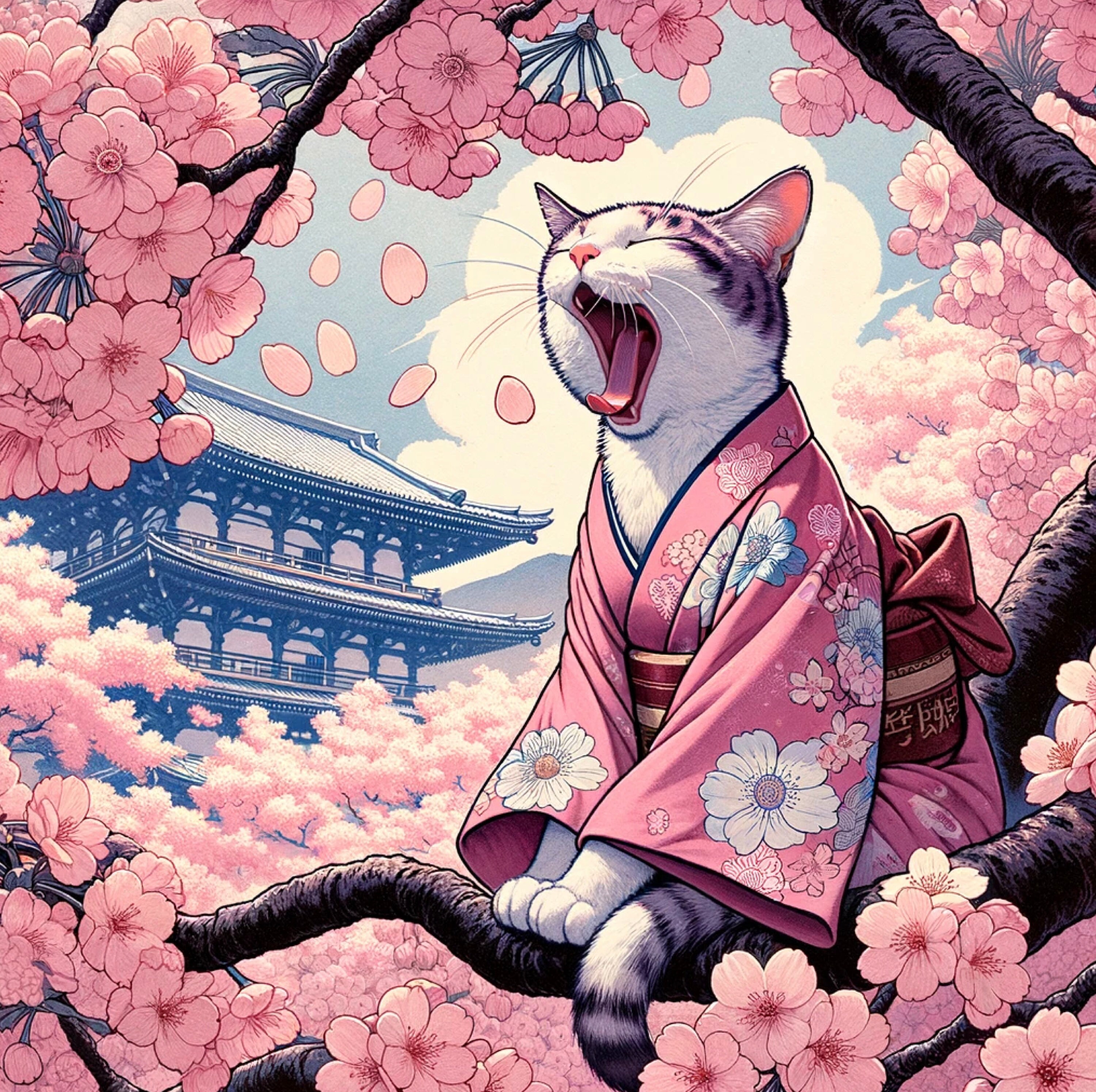 4 Sticker Sheet Cute Kimono Cats, Sakura Cat Yawning, Cute Cat, Sleepy ...