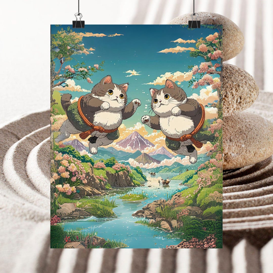 Sumo Cats Art Print - Japanese Kimono Cat Decor - Etsy