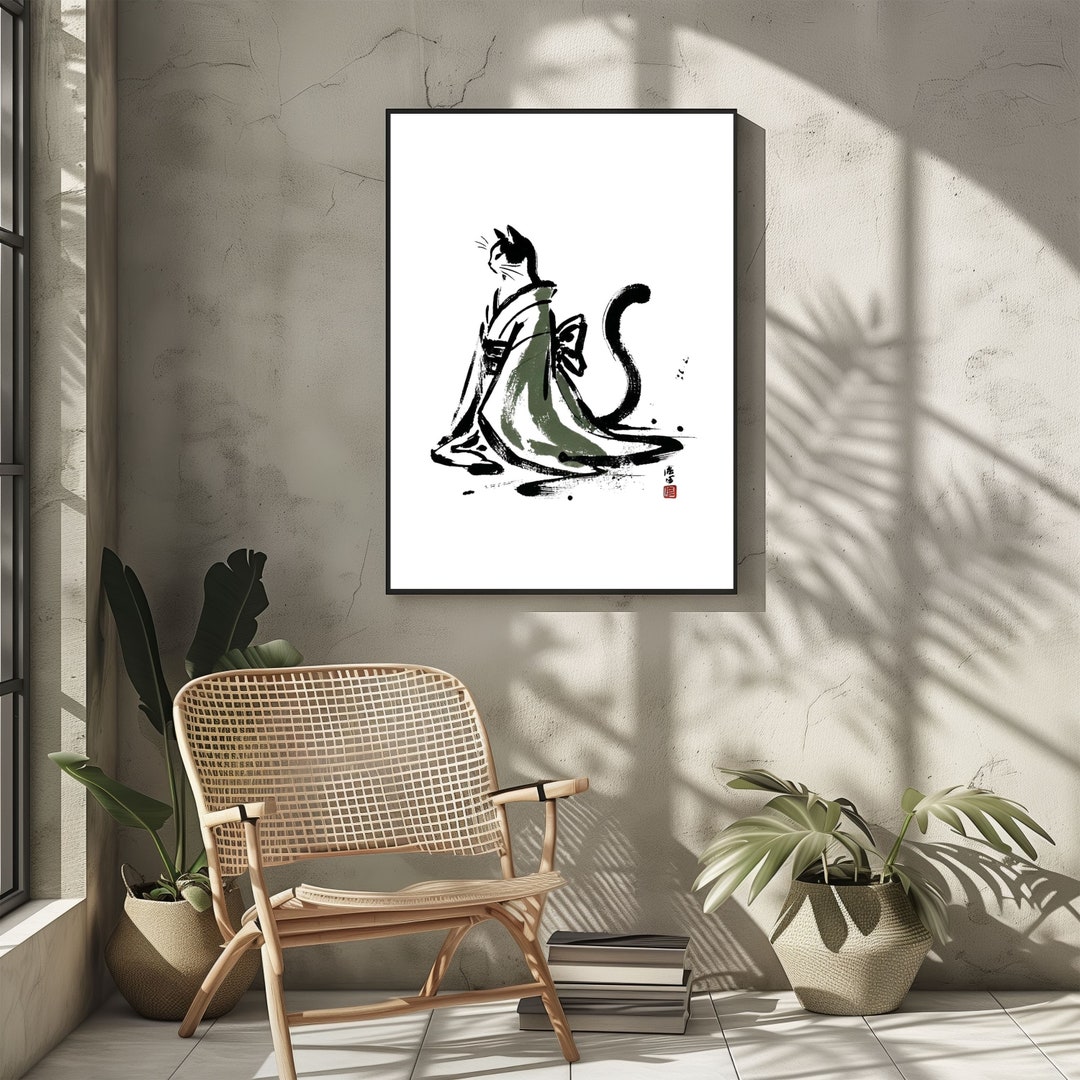 Cute Kimono Cats Wall Art Watercolor Digital Print, Ukiyo-e Inspired ...