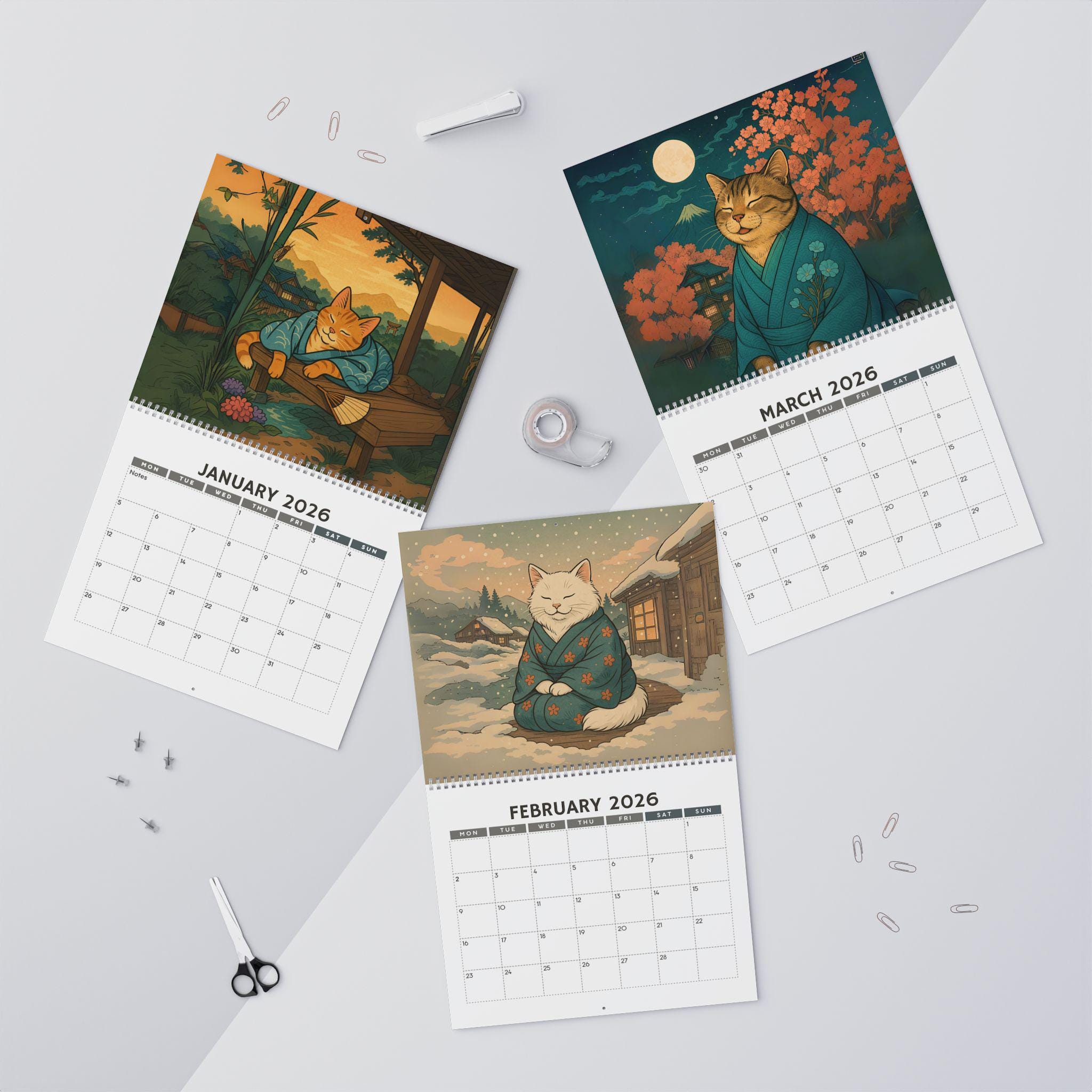 Sleepy Kimono Cats Wall Calendar 2026, Kawaii Kitten Planner, Japanese ...