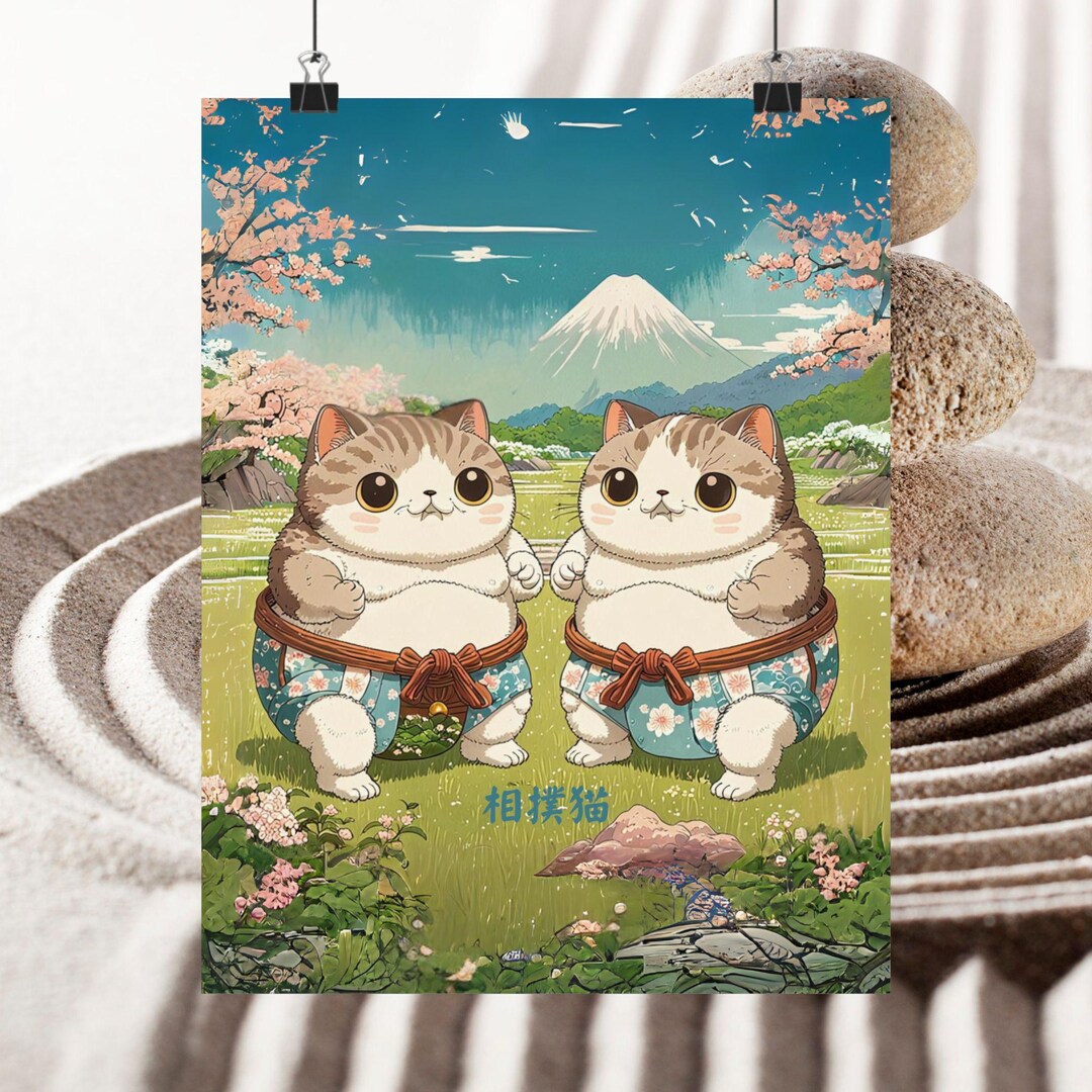 Sumo Cats Poster Japanese Decor, Cat Wall Art Print, Neko Kimono, Cute ...