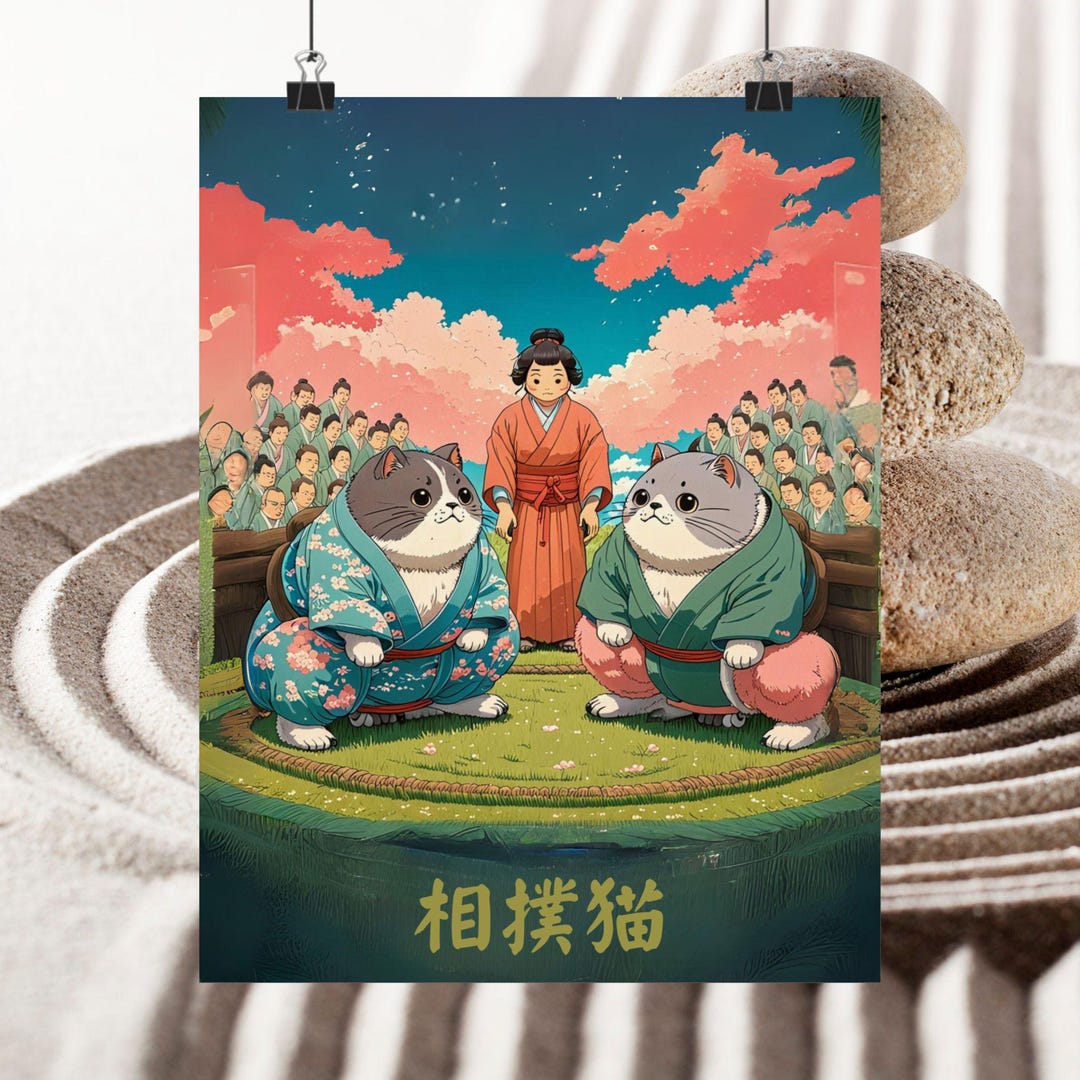 Sumo Cats Poster - Japanese Decor, Cat Wall Art Print, Neko Kimono ...