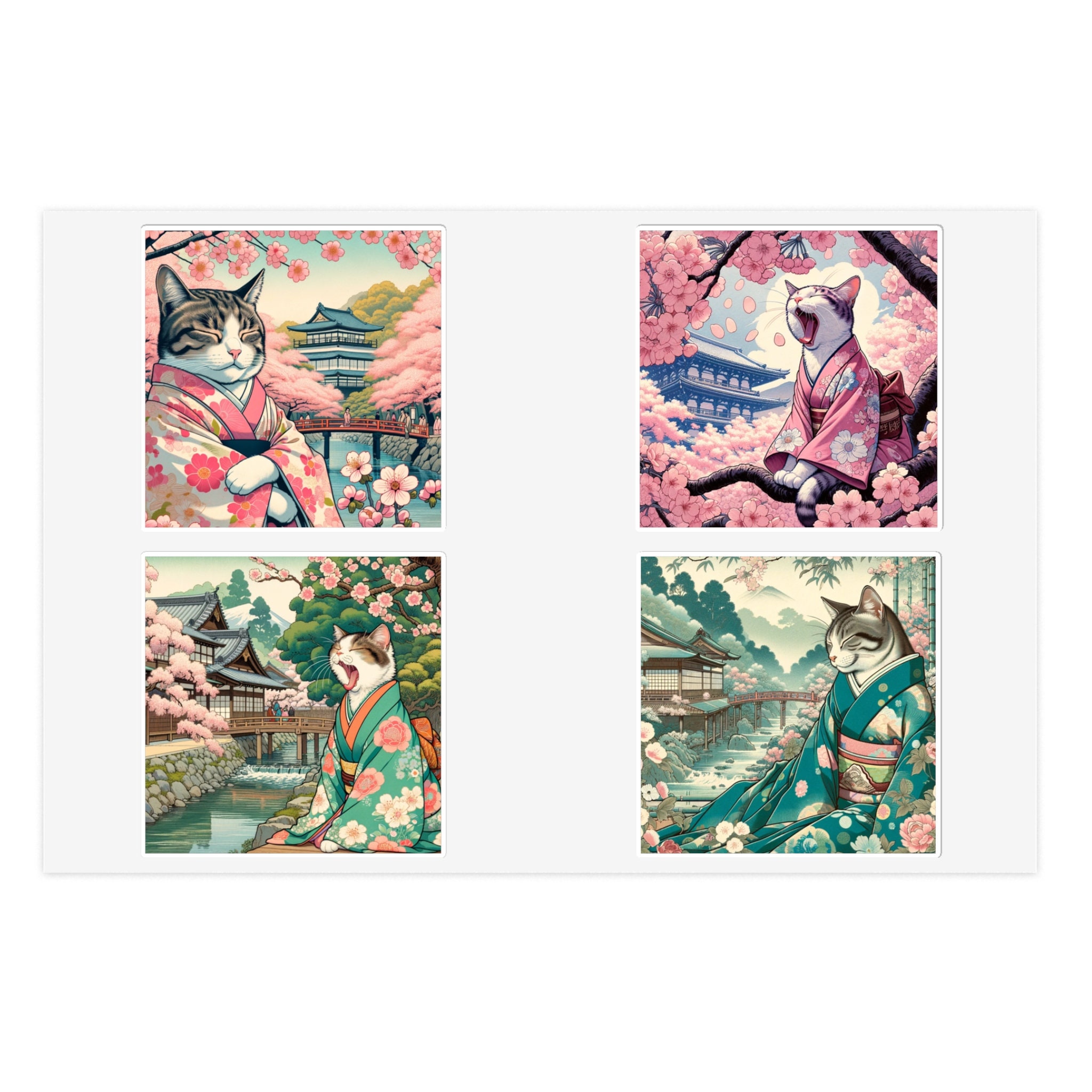 4 Sticker Sheet Cute Kimono Cats, Sakura Cat Yawning, Cute Cat, Sleepy ...