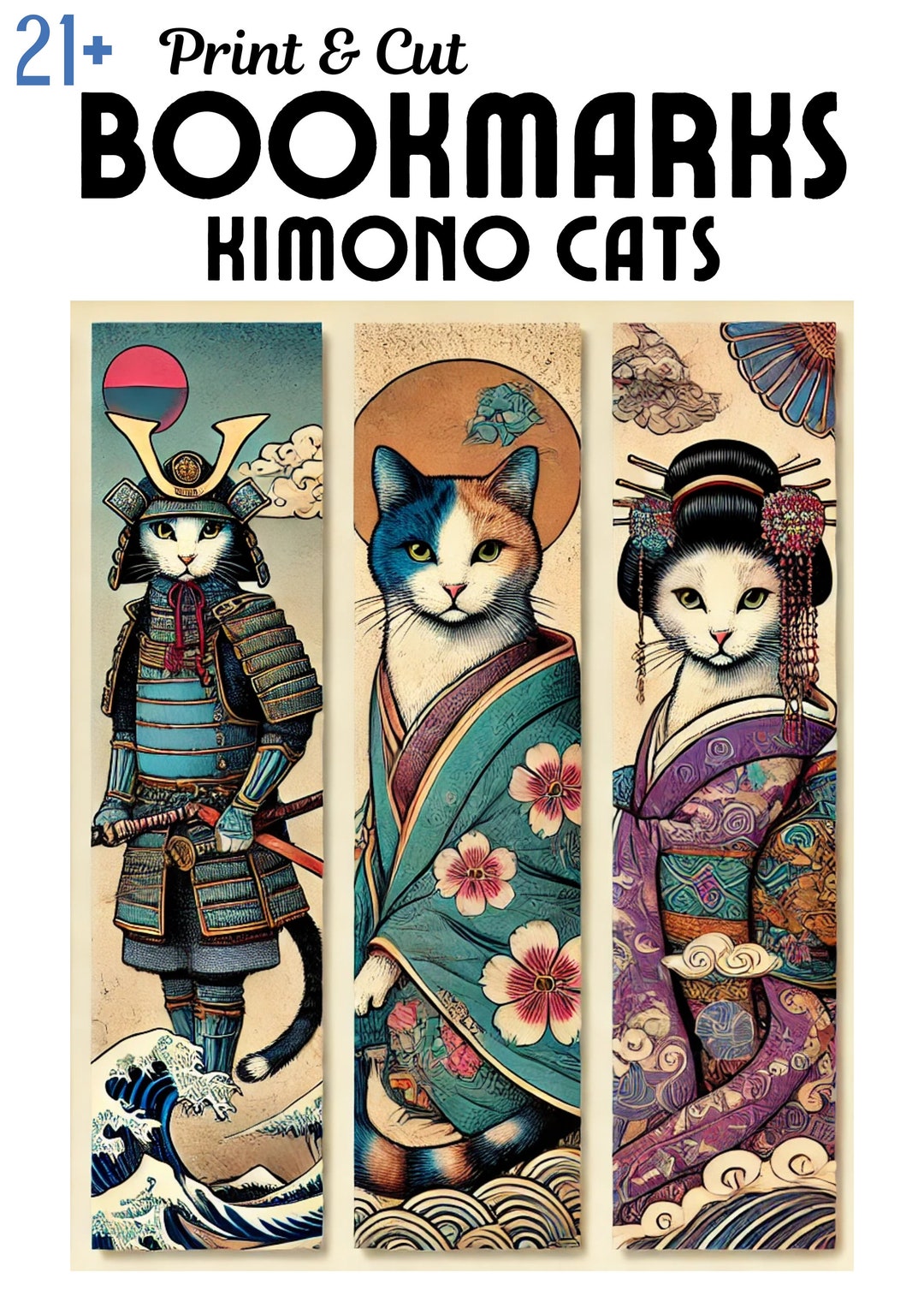 Bookmark Bundle 21 Kimono Cats Printable Book Marks, Japanese Samurai ...