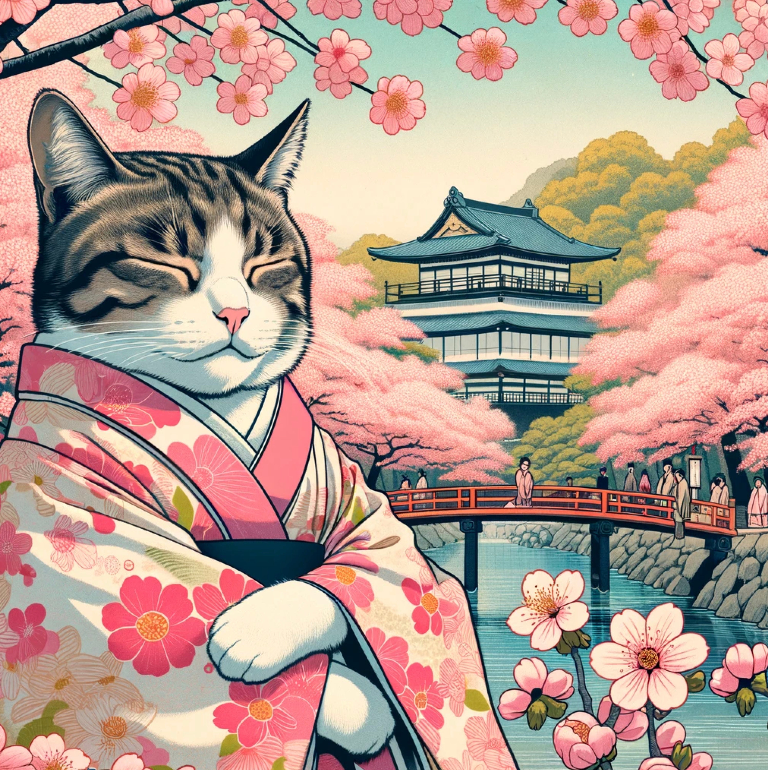 4 Sticker Sheet Cute Kimono Cats, Sakura Cat Yawning, Cute Cat, Sleepy ...